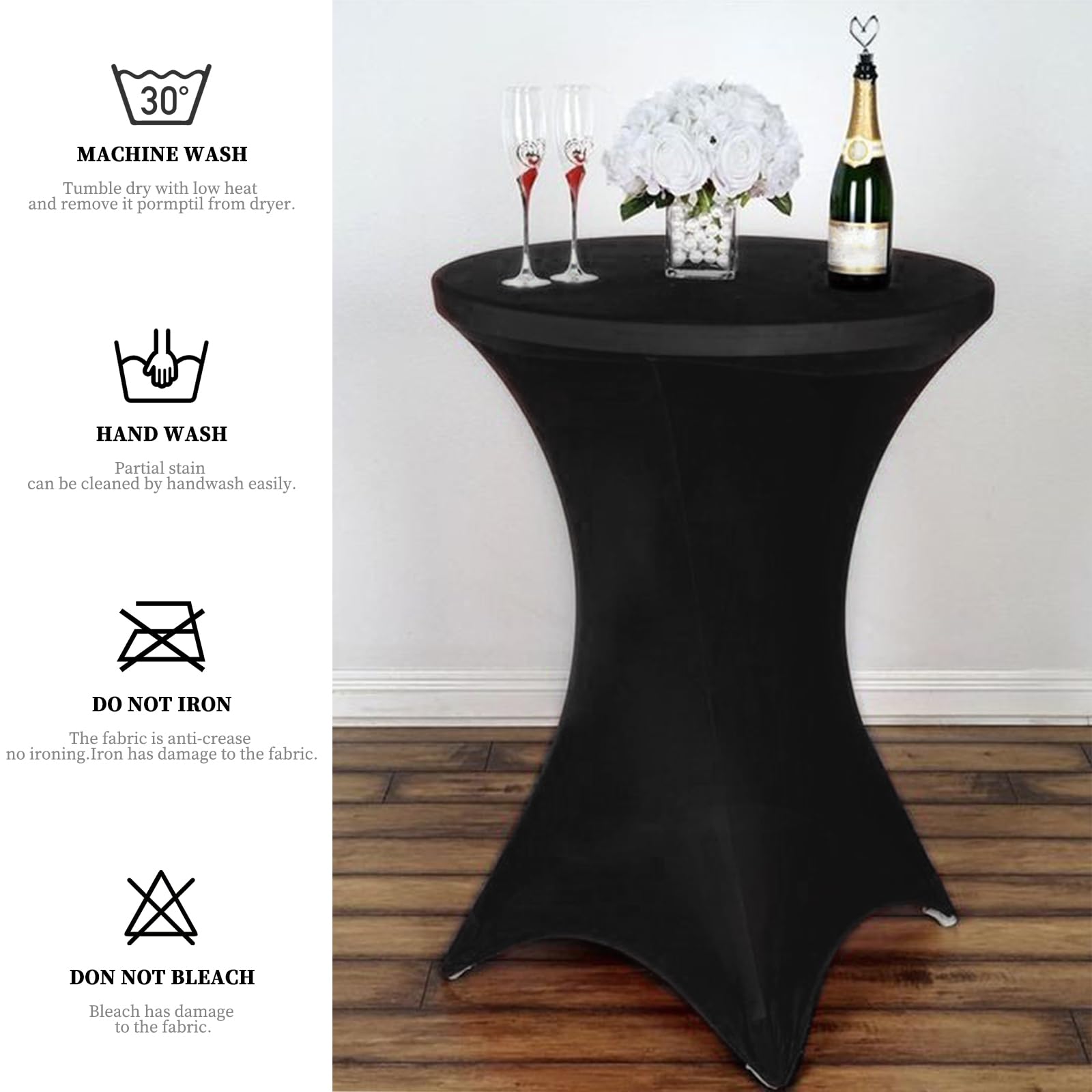 LOKUME 4 Pack Cocktail Spandex Stretch Square Corners Tablecloth 32" x 43" Black Cocktail Table Covers, Fitted High Top Spandex Cocktail Table Tablecloth for Bar Wedding Cocktail Party Banquet