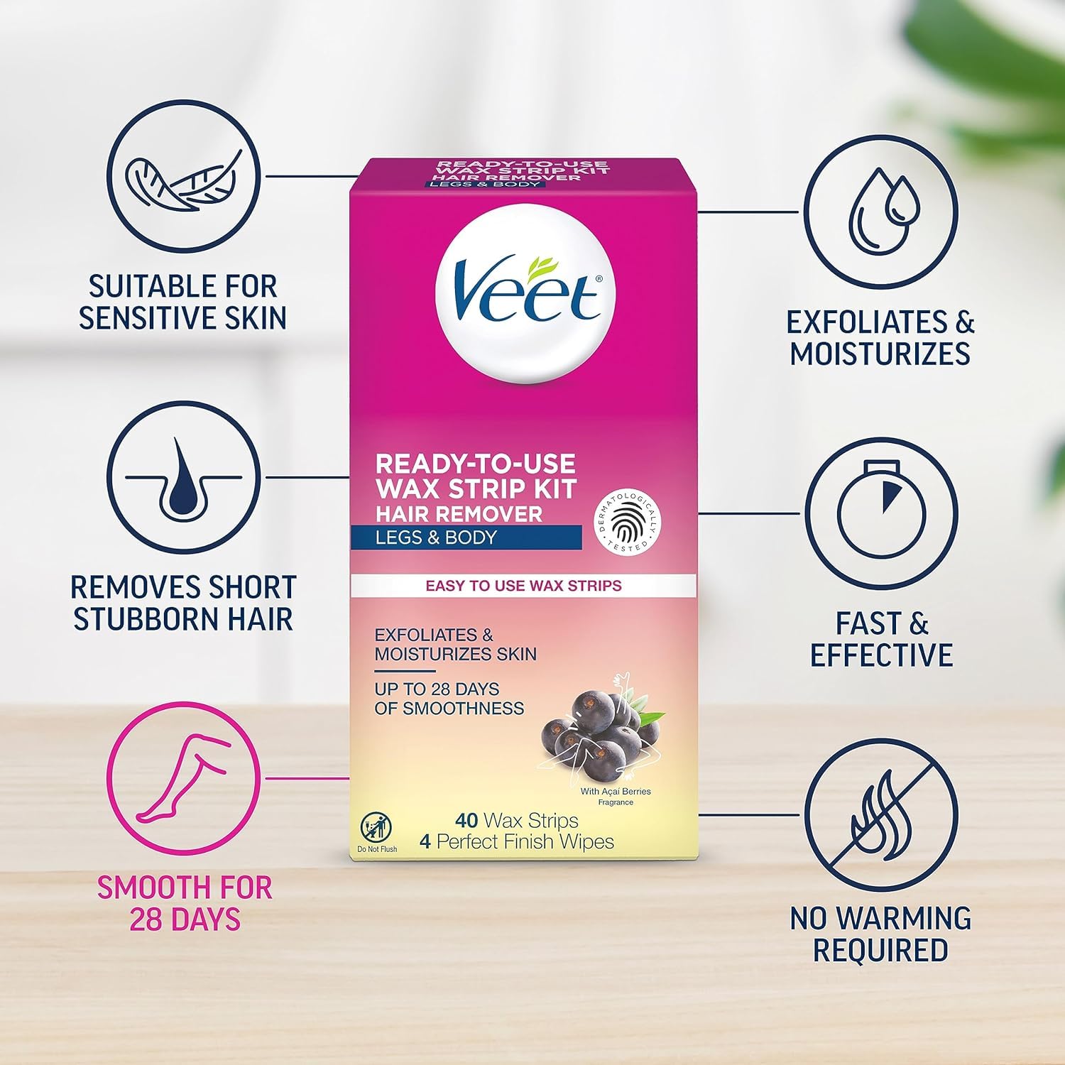 Veet Leg and Body Wax Strip Kit, 40 Wax Strips and 4 Wipes each (Value Pack of 12)