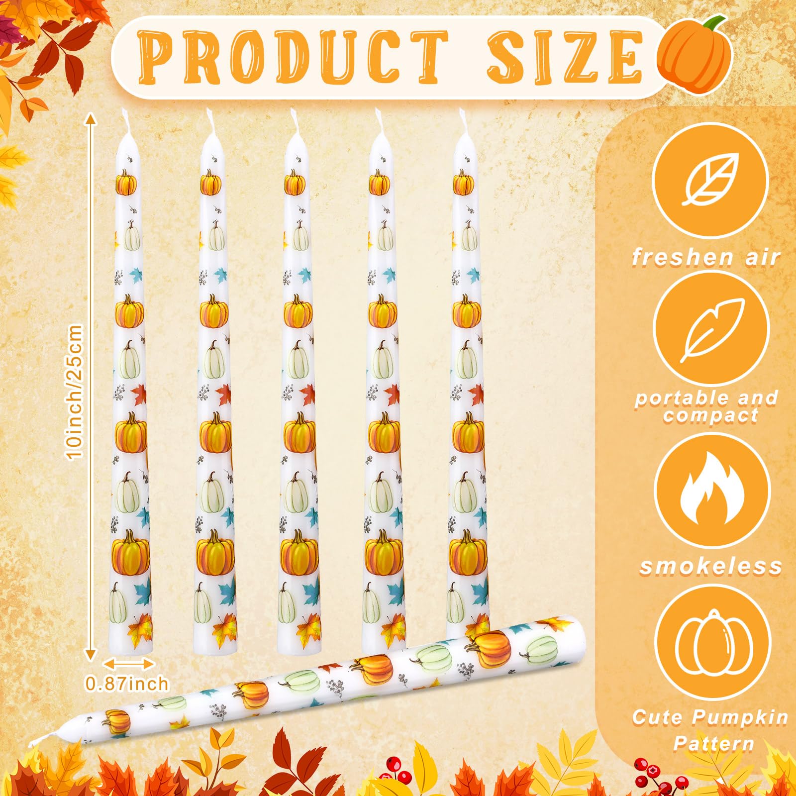 Conelist 6 Pcs Fall Taper Candles 10" Pumpkin Leaves Decorative Holiday Taper Candles Thanksgiving Candles Decorations Autumn Tall Candlesticks for Dinner Table Home Fall Thanksgiving Party Decor
