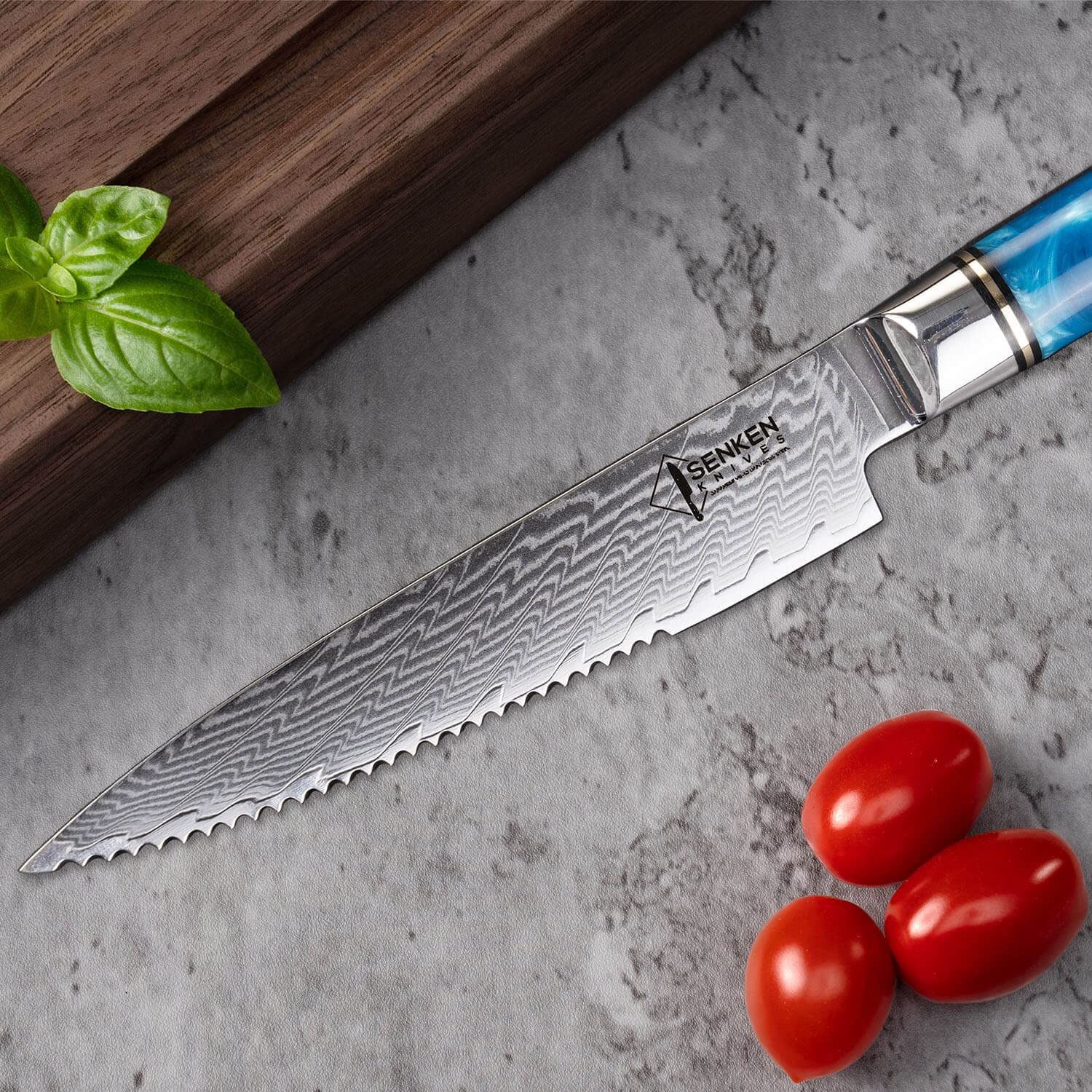 SENKEN Damascus Steak Knife Set - Tsunami Collection - 67-Layer Japanese VG10 Steel - Razor Sharp Serrated Blades, Blue Resin & Natural Wood Pattern Handles, Luxury Gift Box (6 Steak Knife Set)