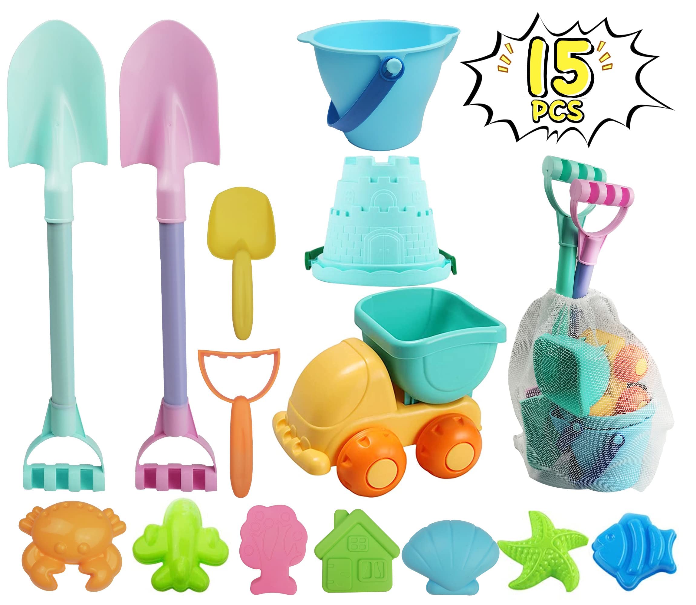 IOKUKI Long Shovels Sand Toys Set with Mesh Bag Including Dump Truck, Beach Buckets, Shovels, Rakes, Molds, Outdoor Beach Toys Tool Kit for Kids, Toddlers, Boys and Girls (15 PCS) Age 3+