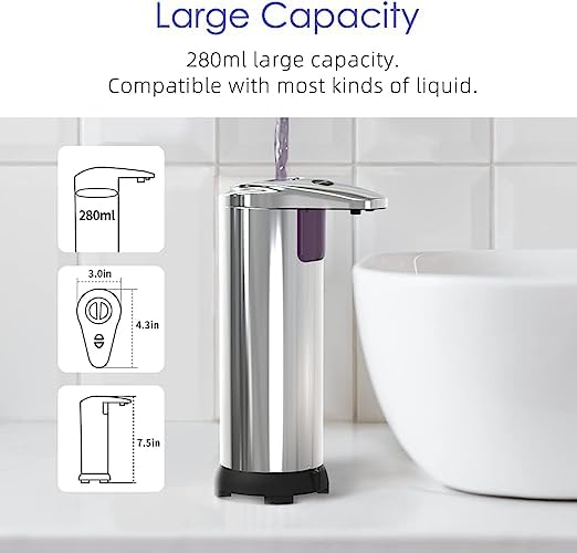 Automatic Soap Dispenser/ (2023 New) Touchless 3 Adjustable Levels Hand Sanitizer Dispenser for Liquid, Waterproof Base and 2 Smart Sensors, Stainless Steel for Bathroom & Kitchen, Bright Silver