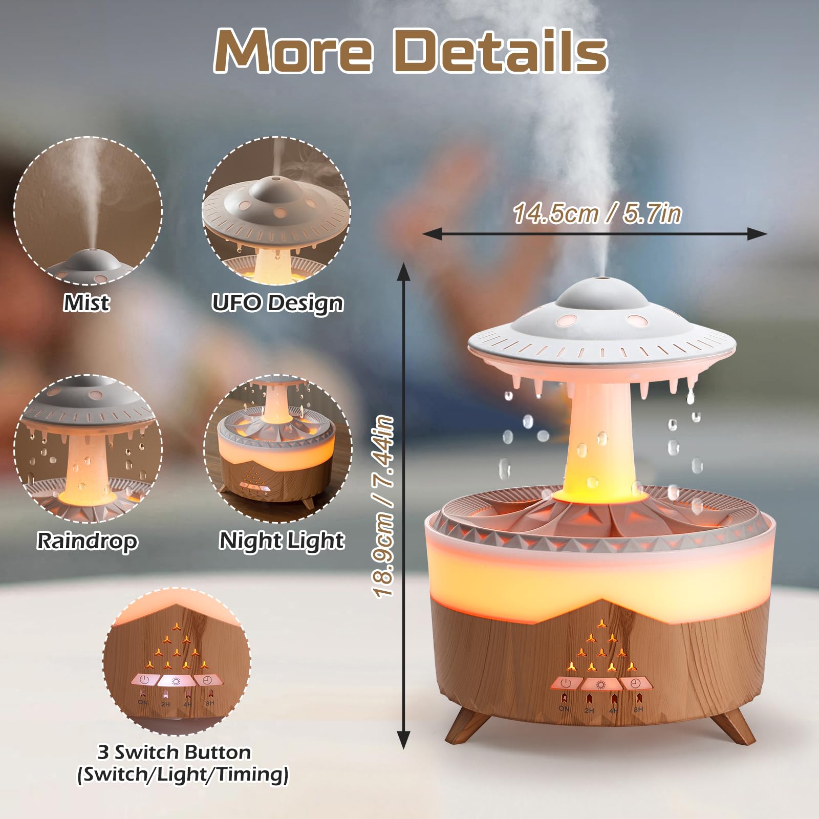 Biupky Rain Humidifier Diffuser Water Drip Humidifier with Remote Waterfall Lamp UFO Humidifier Rain Sounds White Noise Humidifier Air Humidifiers for Bedroom Desk