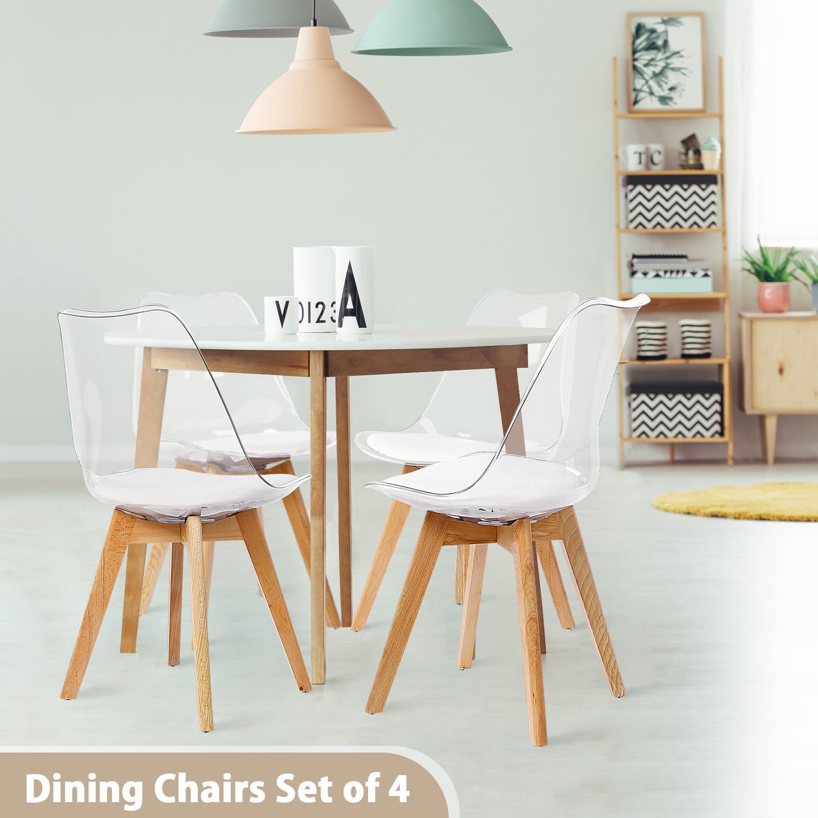Barydat Clear Dining Chairs Set of 4, Modern Kitchen Acrylic Chairs Transparent Chair with PU Leather Seat Cushions and Solid Beech Legs for Banquet Living Room Bedroom and Office(Clear)
