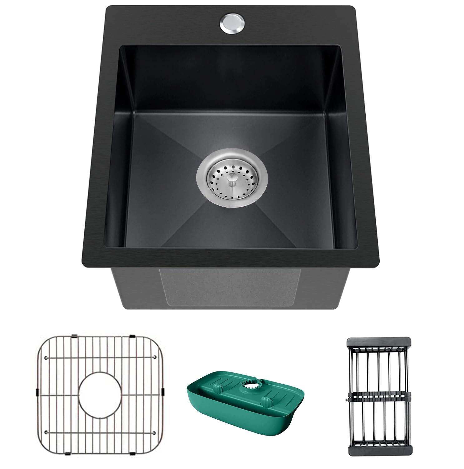 Black Kitchen Sink, Stainless Steel Topmount Bar Sink 15x17x9 Inch Single Bowl Drop In Kitchen Sink Combo-Stainless Steel Sink Grid,Drain Basket,Faucet Mat,Drain Strainer Set for Modern Kitchen Sink