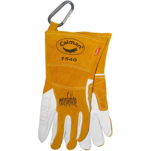 Caiman Premium Goat Grain TIG/Multi-task Welding Gloves, Split Cowhide Back, 4-inch Kontour Wrist Cuff, Unlined, Kevlar Sewn, White/Gold, Small (1540-3)