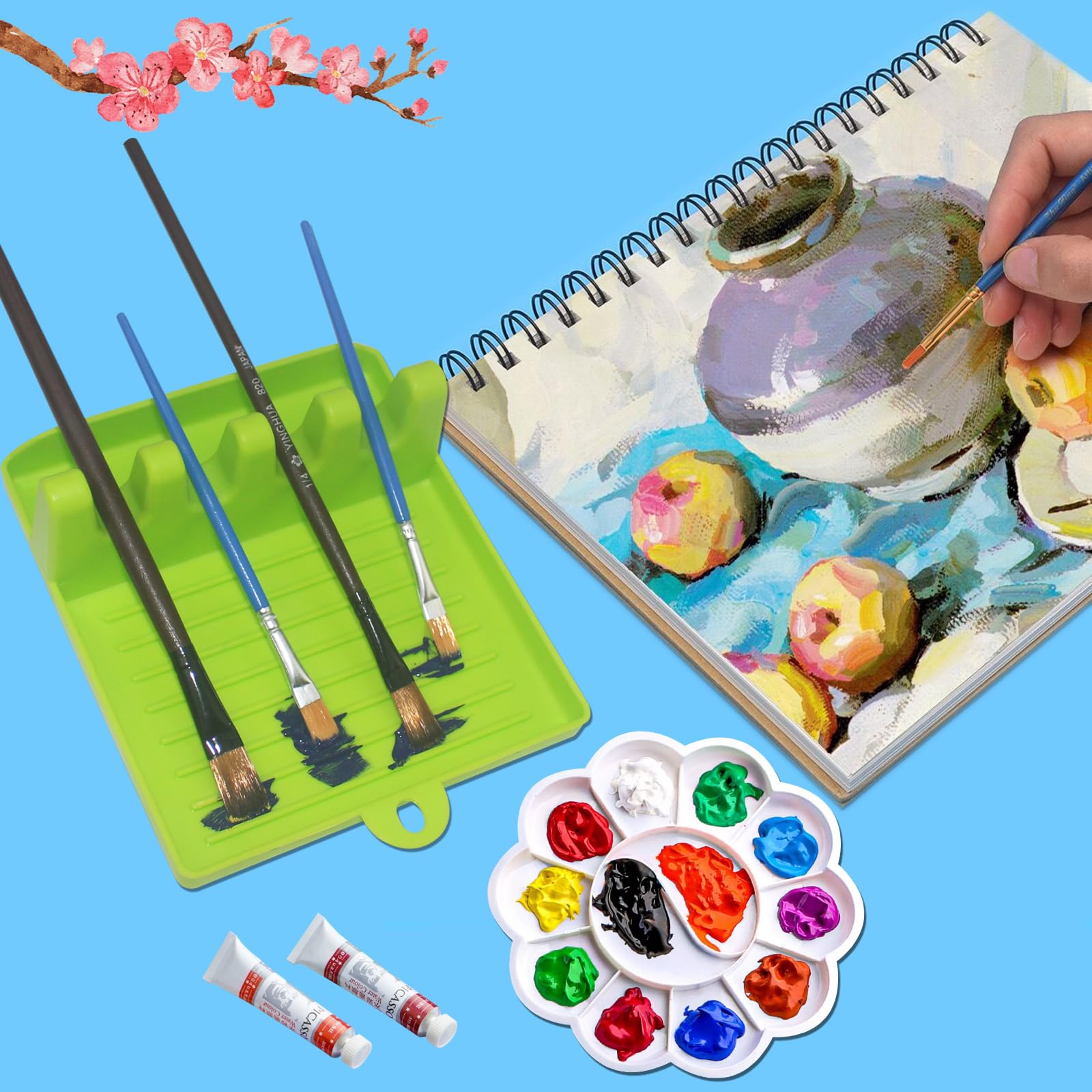 Chistepper 2 Packs Paint Brush Holder Paint Brush Stand Rest with 5 Slots Watercolor Oil Acrylic Painting (Green)