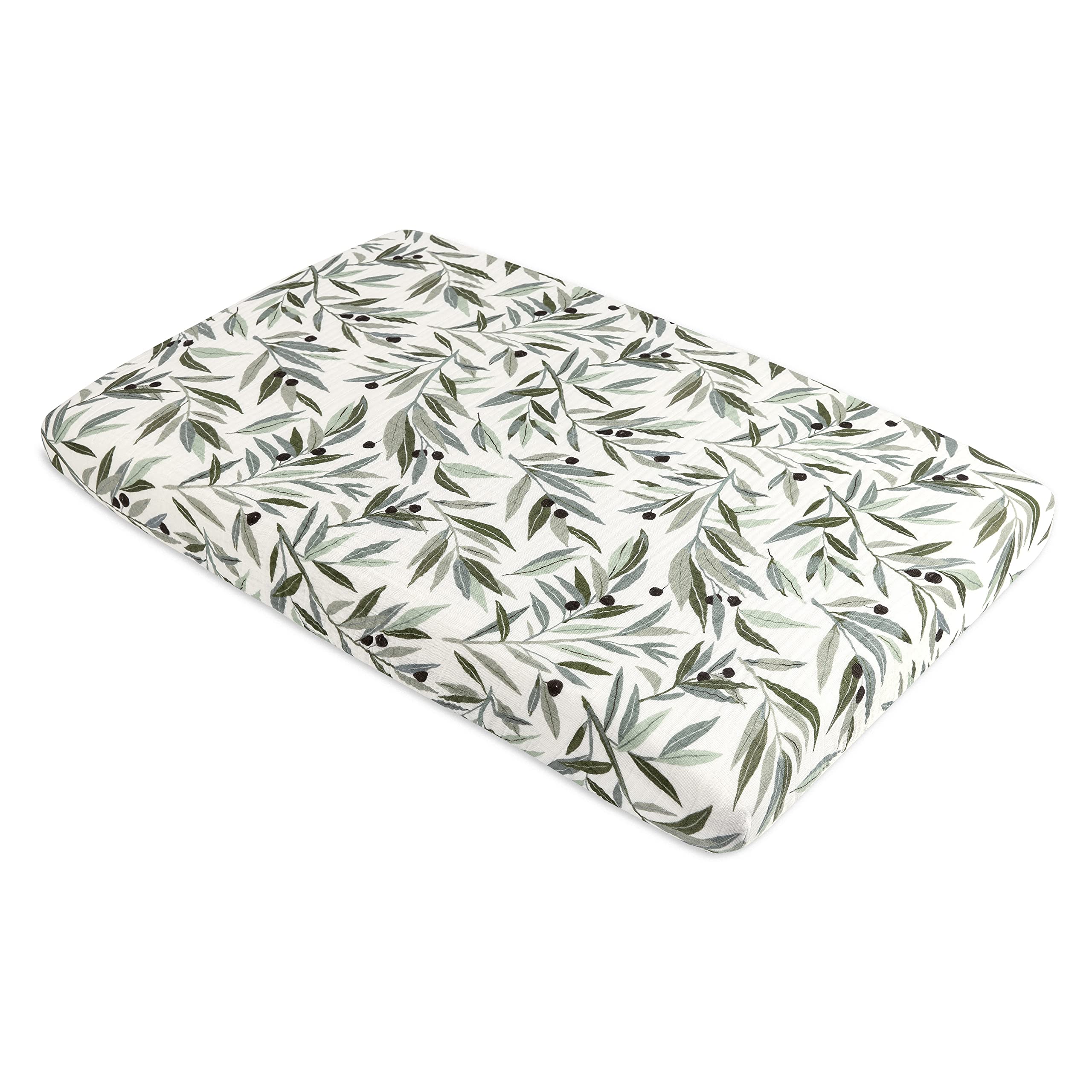 Babyletto 100% Organic Cotton Mini Crib Sheet, GOTS-Certified, Fitted 360°, Ultra-Soft and Breathable Muslin - Olive Branches