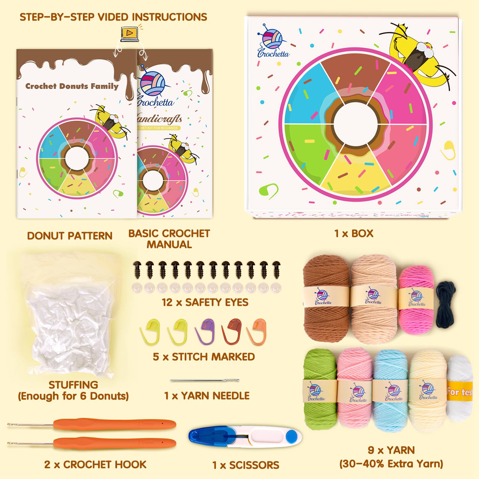 Crochet Kit for Beginners, Beginner Crochet Starter Kit w Step-by-Step Video Tutorials, Learn to Crochet Kits for Adults & Kids, DIY Knitting Supplies, 6-Pack Donut Family(40%+ Yarn Content)