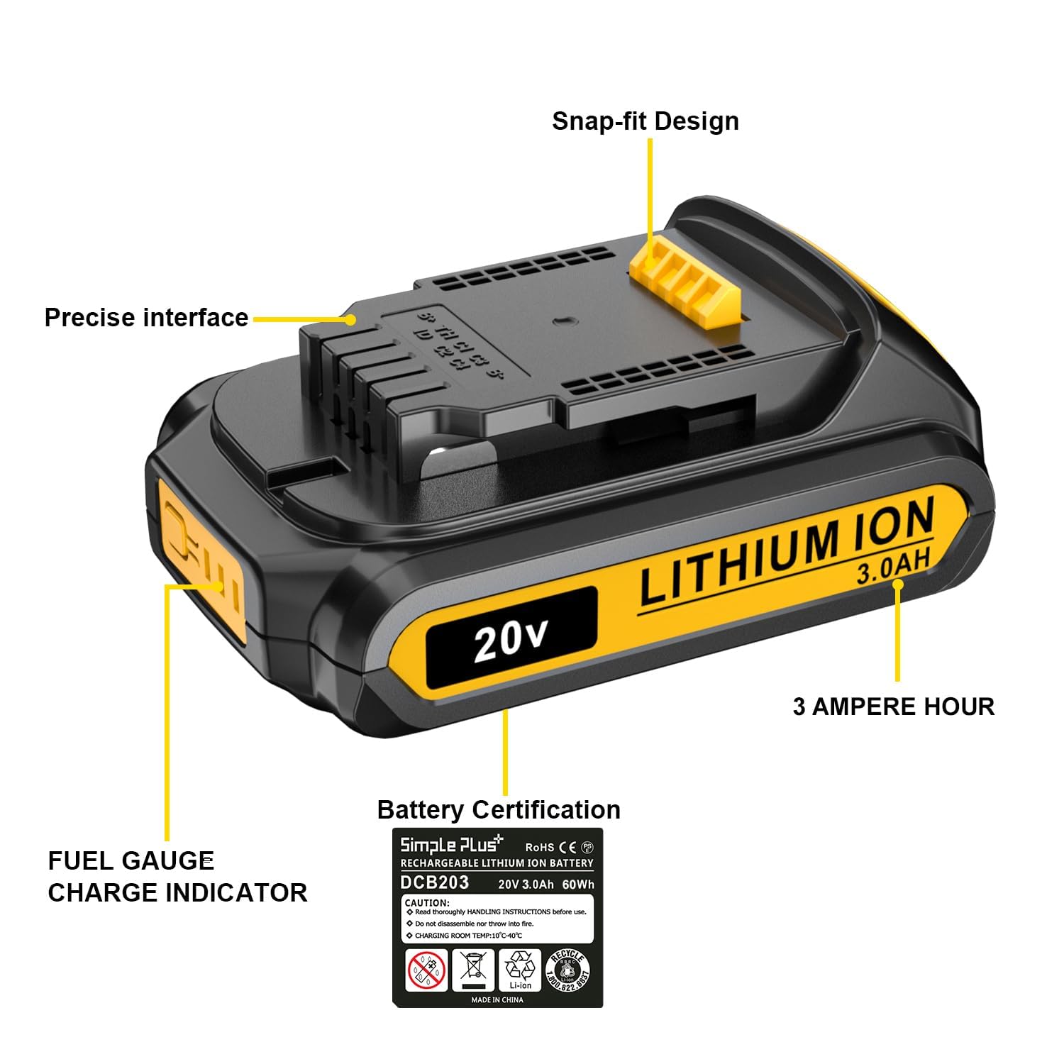 Simple Plus+ 2Packs 20V 3.0Ah Replacement Battery for Dewalt 20V Compatible with Dewalt DCB200 DCD DCF DCG Series Cordless Power Tools