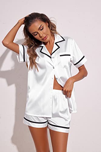 Ekouaer Silk Pjs Set Women's Cute Pajamas Classic Sleepwear Short Sleeve Loungewear Satin Shorts Sets (White,XXL)