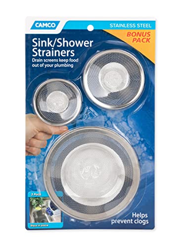 Camco Sink and Shower Drain Strainers | Designed to Keep Food and Hair Out of Plumbing | 3-Pack (42273)