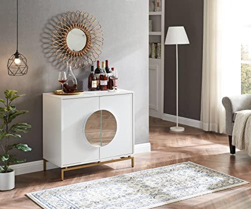 Home Source 31.5'' White Modern Bar Cabinet, Wooden Double Door Cabinet with Half Moon Handles, Storage Cabinet with Wine Rack, Solid Metal Legs, Spacious Counter Top