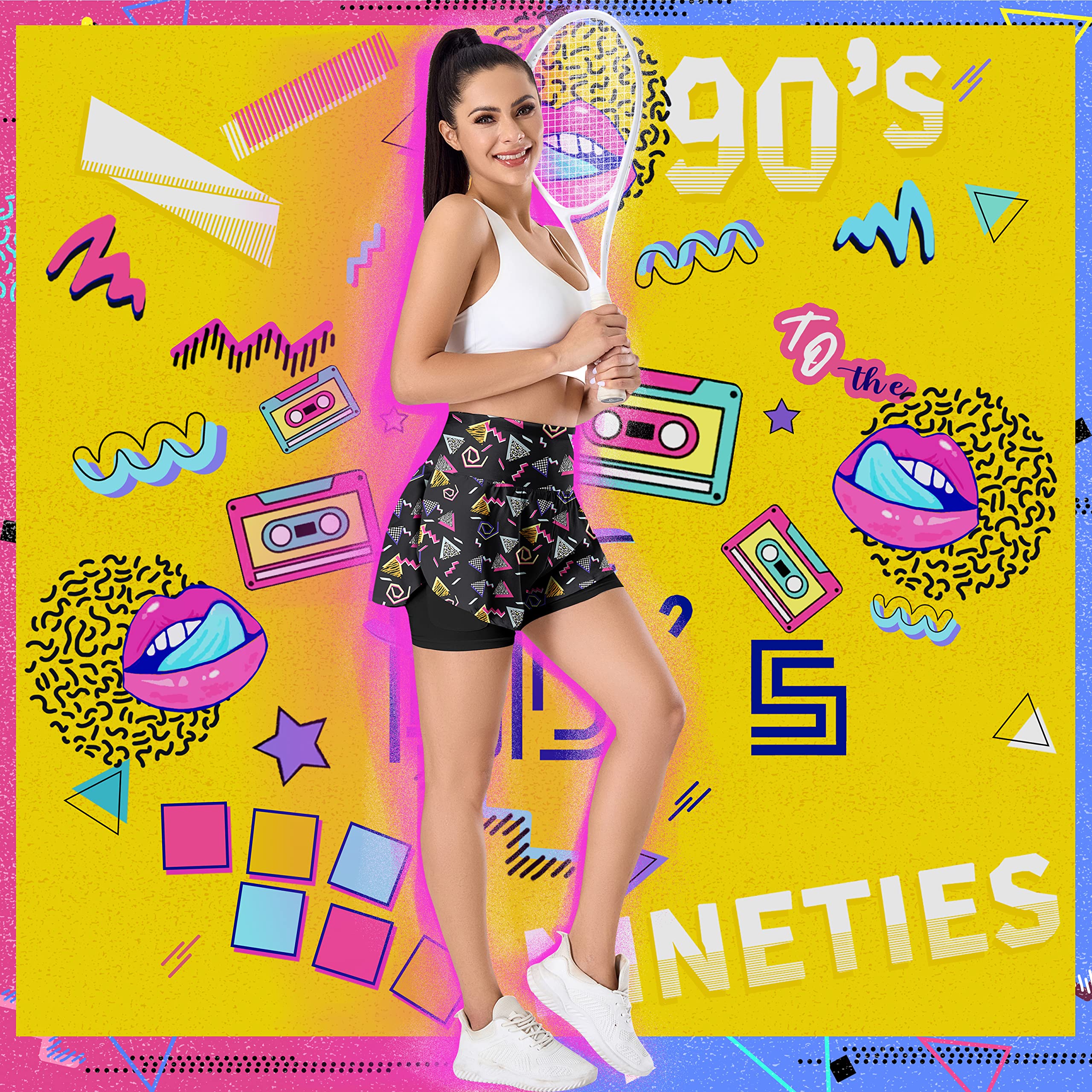 Bornore 80s Retro 2 in 1 Athletic Running Shorts 90s Neon Outfit Workout Yoga Short Pants for Women(80s90s-1-S)
