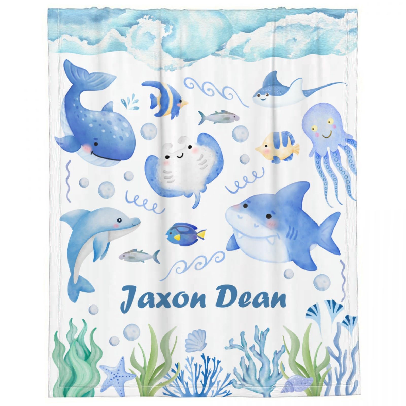 Custom Baby Marine Life Blanket Soft Lightweight Personalized Name Blankets Warm Cozy Plush Throw Blanket for Couch Bed Sofa Personalized Gifts S 40×50in for Kids/Child
