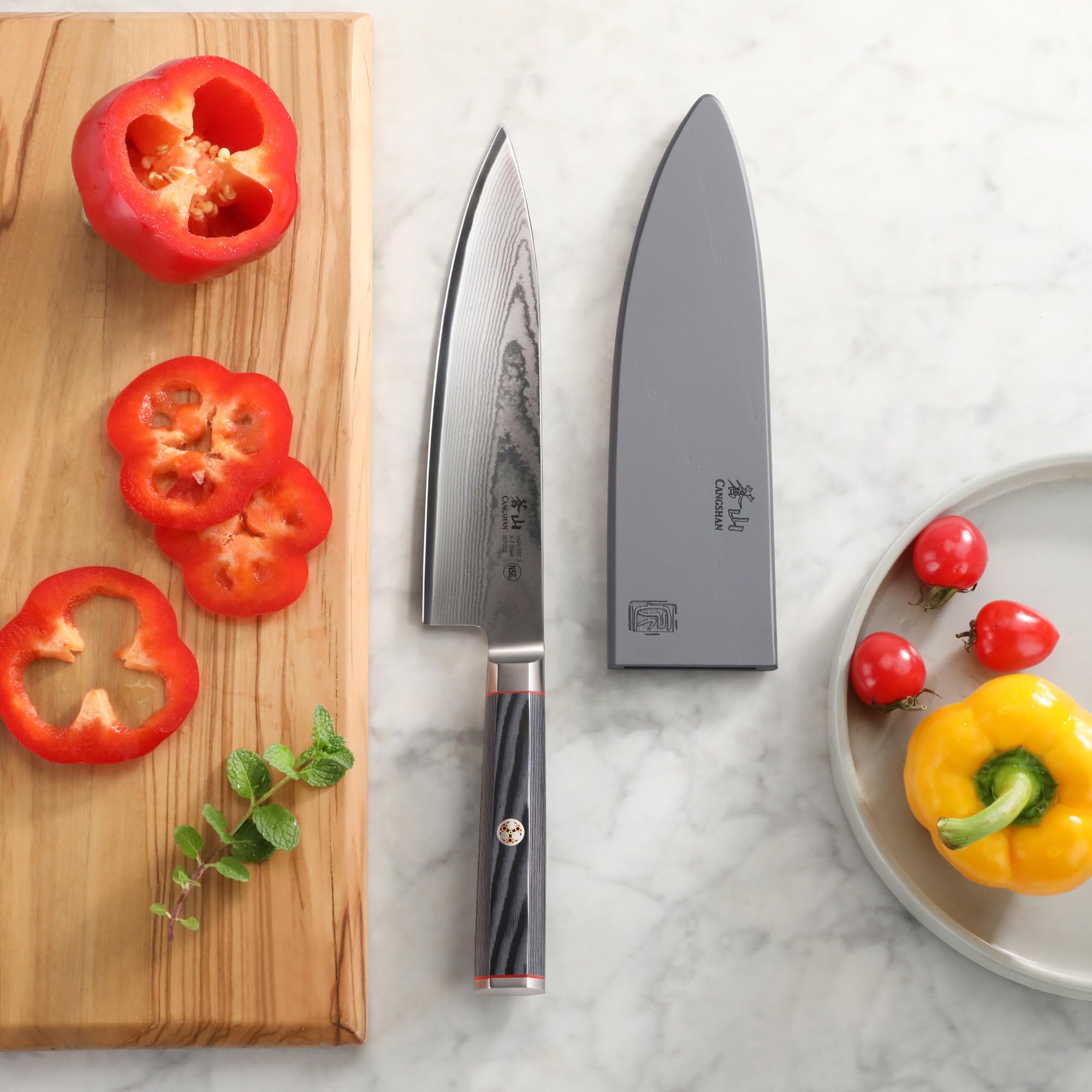 Cangshan YARI Series X-7 Damascus Steel 8-inch Chef's Knife with Sheath