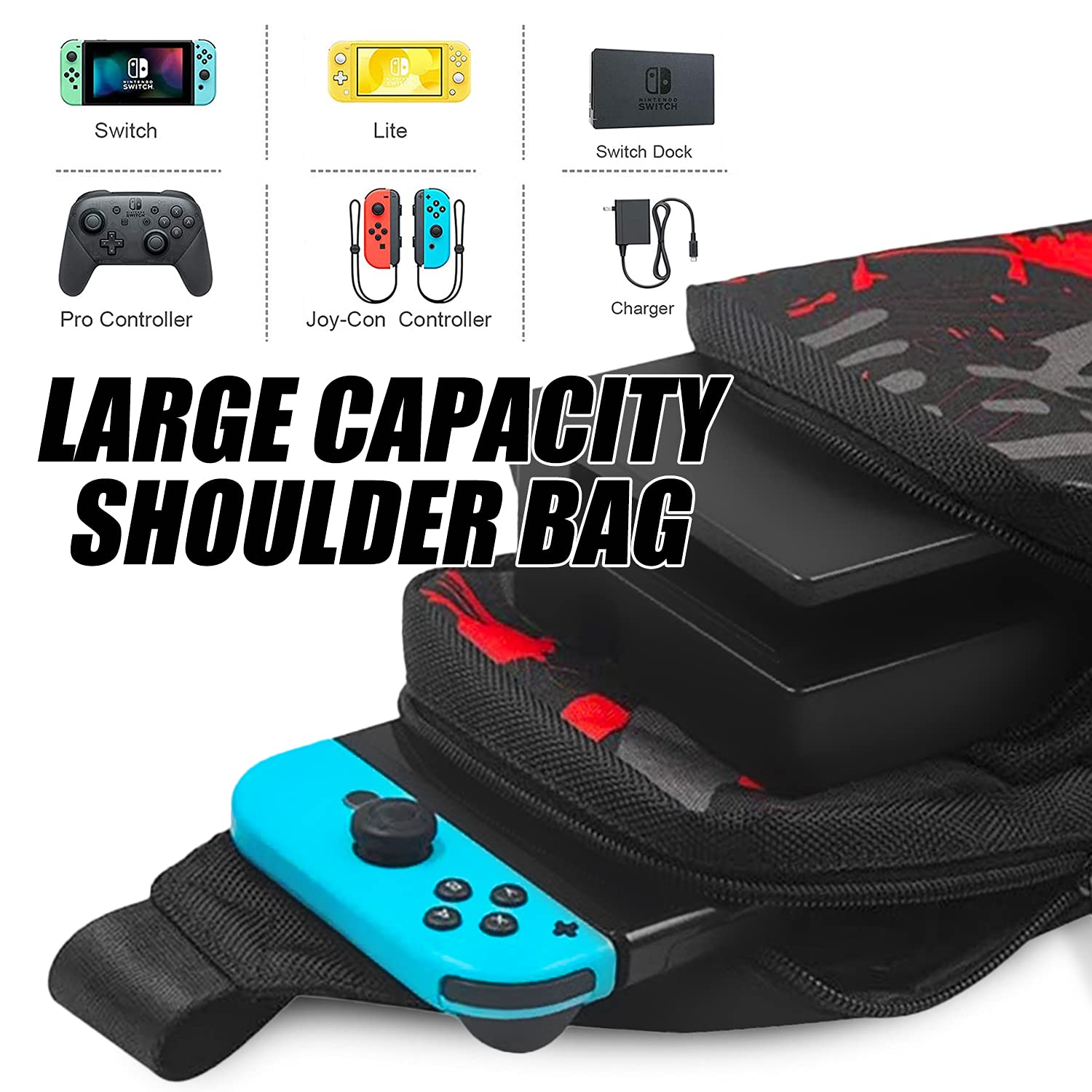 GOLDCHAMP Switch Travel Bag, Portable Nylon Water Resistant Shoulder Bag Storage Backpack, for Nintendo Switch Console/Dock/Switch Accessories, Chest Bag compatible with Nintendo Switch