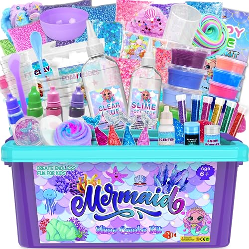 DIY Mermaid Slime Kit for Girls 10-12, Glow in The Dark Butter Slime Making Kit, Premade Fluffy Glitter Cloud Crunchy Slime Mermaid Toys for Kids 10+ Years, Birthday Party Favors Gift and Crafts