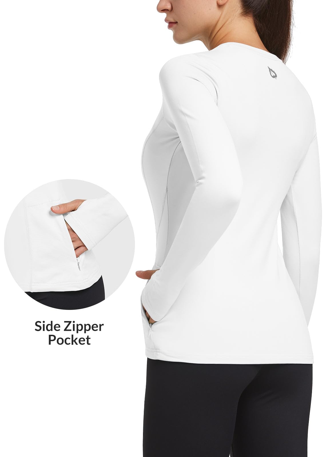 BALEAF Women's Thermal Shirts Long Sleeve Workout Tops Running Athletic Zipper Pocket Fleece Lined Cold Weather Gear Winter Thumbholes White L