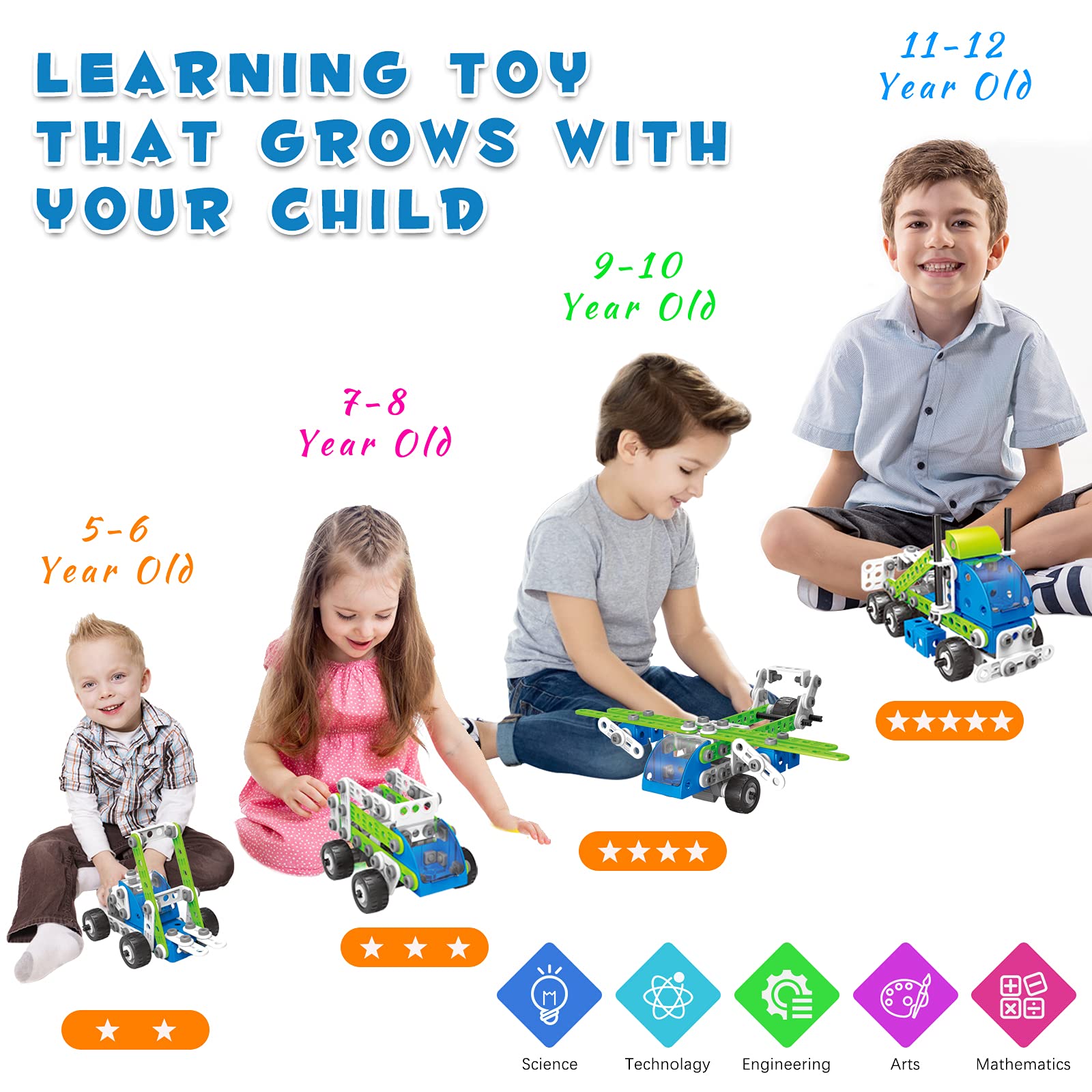 LETBEFUNA 18-in-1 Erector Set for Boys 6-12, STEM Building Toys for Kids Ages 5 6 7 8 9 10 1112 Year Old Boys Girls, 175 PCS DIY Construction Learning Toy with Pull Back Function Toys for Kids