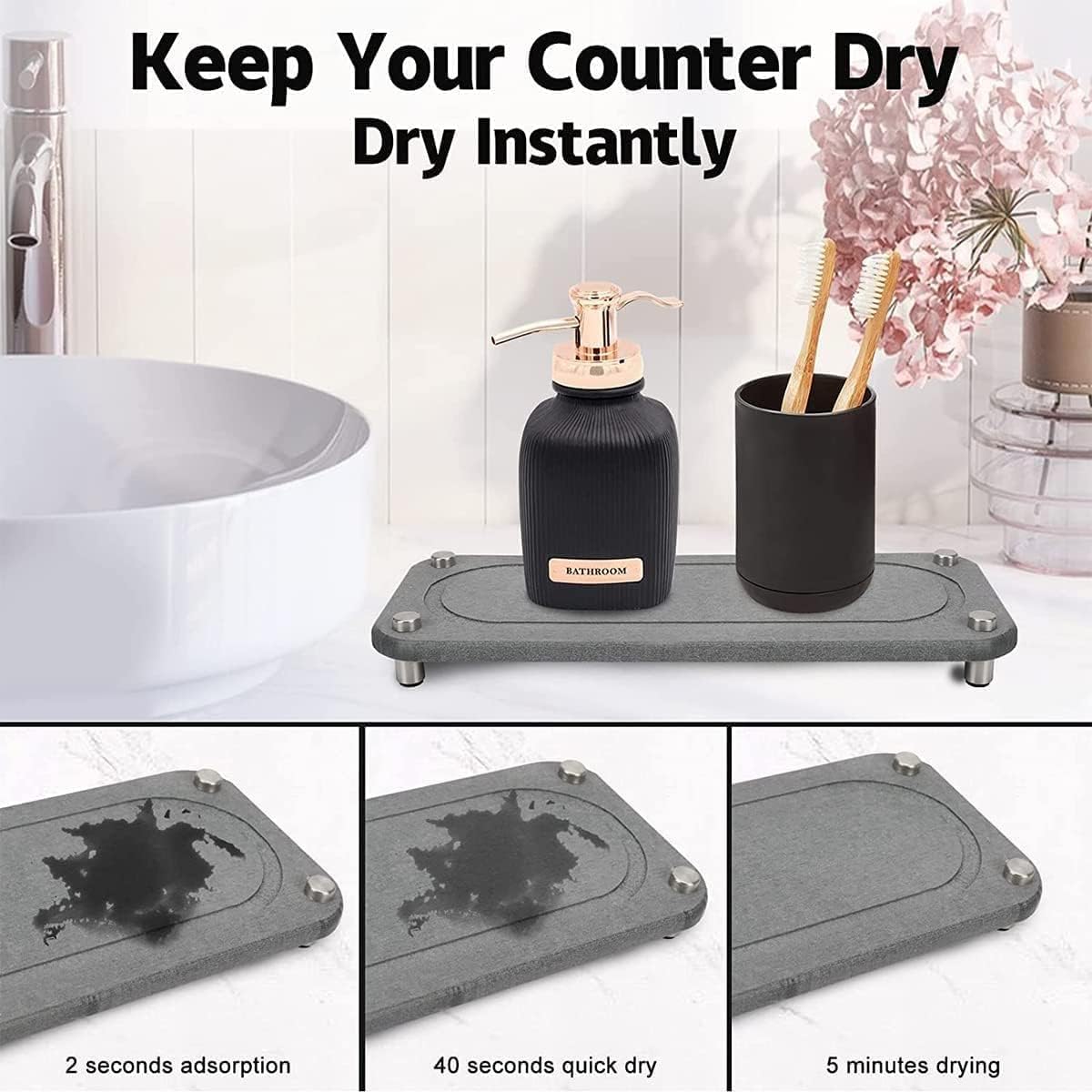 Bathroom Quick Dry Stone Sink Tray,Fast Drying Stone Sink Tray,Instant Dry Sink Organizer,for Kitchen Soap Tray, Toothbrush Cup and Nice Vanity Trays for Bathroom