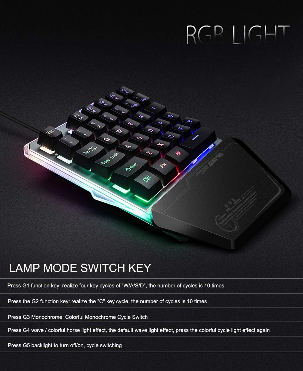 HiGOGO G40 Wired 35 Keys One-Handed Gaming Keypad Rainbow LED Backlight with Large Wrist Pad Membrane Keyboard (Sliver)