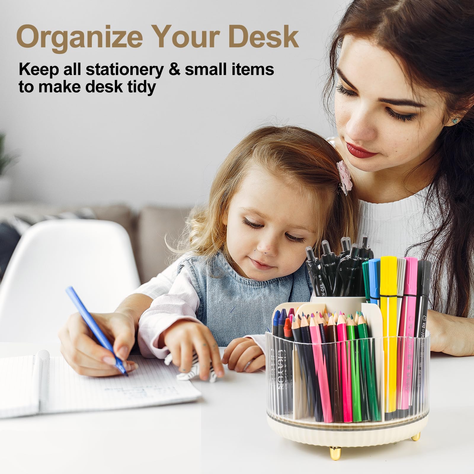 EPKAOZEY Rotating Pen Holder Desk Organizer, 7 Grids 360° Pencil Holder Rotatable Desktop Organizer, Removable Makeup Holder Large Capacity, Holds Pencils, Crayons and All Kinds of Stationery, Makeup Brushes, Small House Items (White)