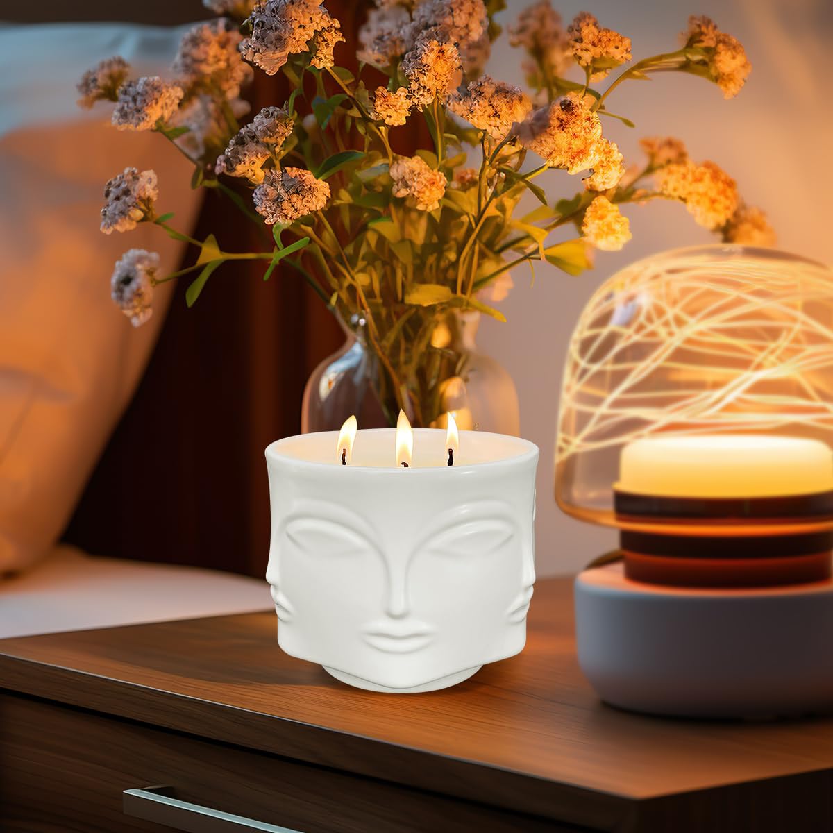 Outdoor Decorative White Large Citronella Candle, 20oz, Ceramic, Repelling 3 Wick Scented Candles, 100% Soy, for Patio Decor, Outside Table Decor, Camping Accessories