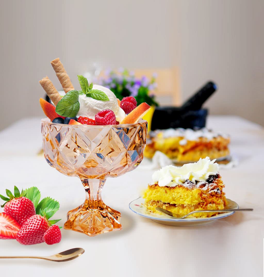 binsakao Amber Glass Dessert Bowls with Spoon, Ice Cream Bowls for Fruit Salad Milkshakes Trifle Pudding Snack Cocktail Drinks Condiment Sundae Party (10 oz, Set of 2)