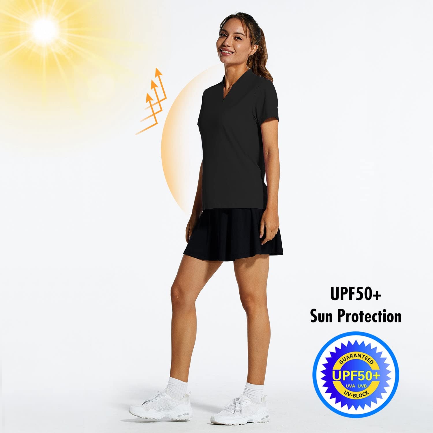BALEAF Women's Golf Tennis Shirts V-Neck Lightweight Quick Dry UPF 50+ Sun Protection Short Sleeve Polo Shirts Collarless Black Size S