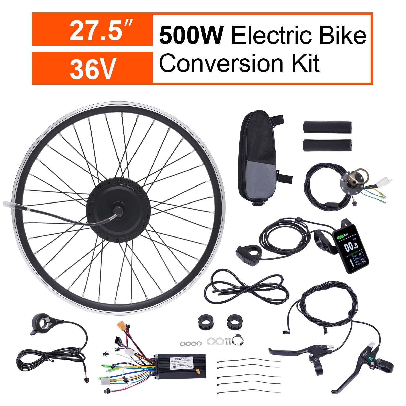 Bazargame Ebike Conversion Kit,Front Wheel 500W 36V Motor Electric Bike Conversion Kit for Kinds of Bicycles 27.5" Front Wheel Ebike,E-Bike kit for Commuter Bikes