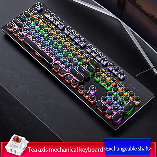 Basaltech Brown Switch Mechanical Keyboard with Rainbow LED Backlit, Typewriter Style Gaming Keyboard with 104-Keys Round Keycaps, Retro Steampunk Keyboard Metal Panel with Wired USB for PC/Mac