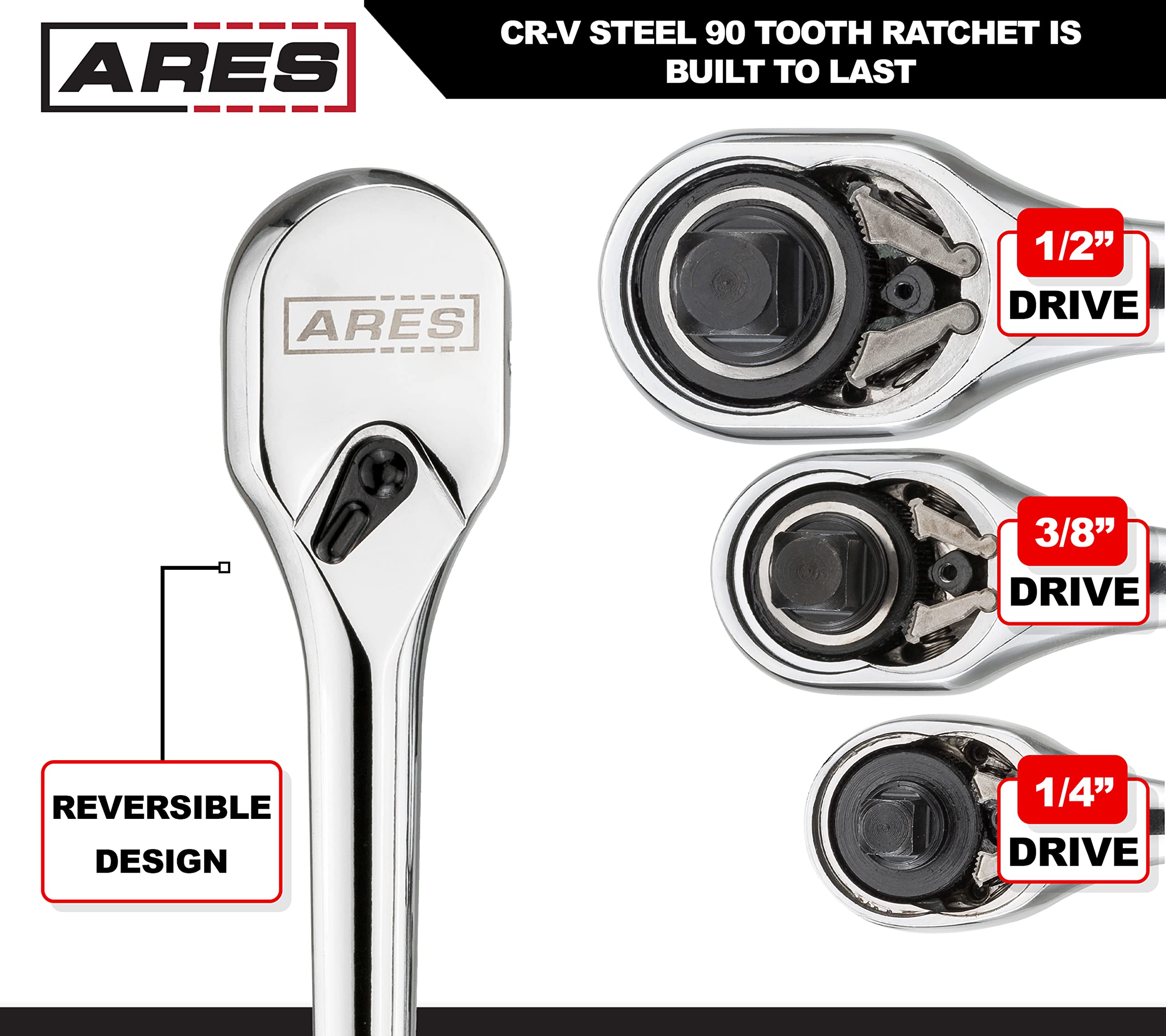 ARES 42000-3-Piece 90-Tooth Full Polish Ratchet Set - Chrome Vanadium Steel Construction & Chrome Plated Finish - Reversible Design - 4 Degree Swing - Ratcheting Tool Set
