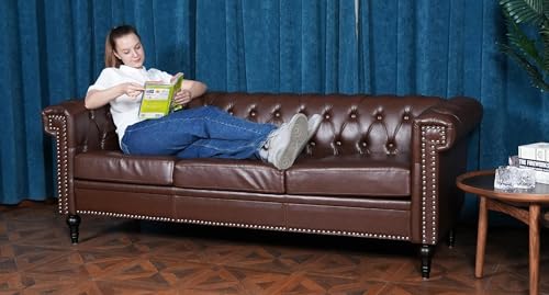 CONSDAN Leather Couch, 83" Chesterfield Sofa with Soft High-Resilience Cushion, Sofa Couch with Button Tufting and Nailhead Trim, Brown