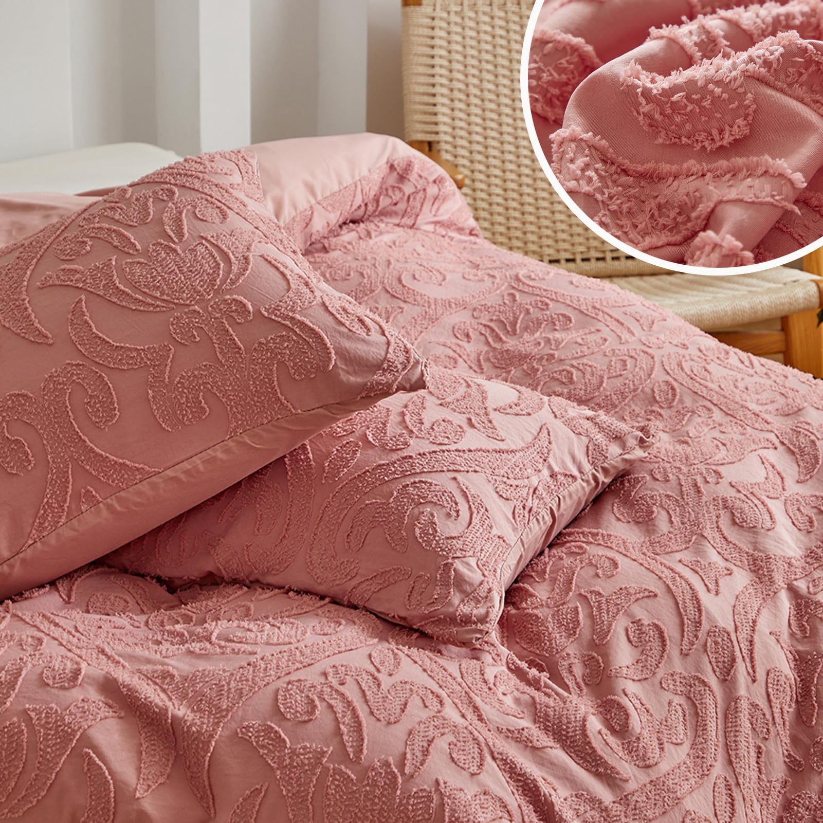 Warmarky Pink Duvet Cover Queen Size Boho Tufted Duvet Cover Queen(90x90’’) Soft Breathable Cation Microfiber Light-Weight Bedding Set,1pcs Comforter Cover,2pcs Envelop Pillowcase