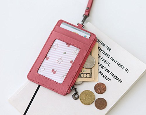 ID Credit Credit Card Holder Wallet Necklace Landyard Zipper Badge Case Genuine Leather Cute Women (Green)