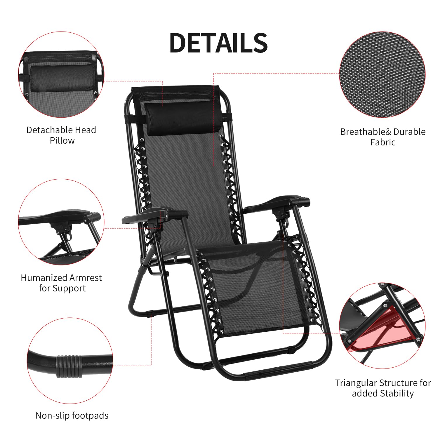 CYCLONE SOUND Adjustable Zero Gravity Folding Reclining Lounge Chair with Pillow,Anti-Gravity Chair for Indoor & Outdoor, Folding Reclining Chair w/Side Tray