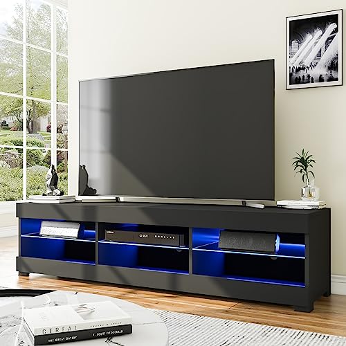 HOMMPA LED TV Stand with LED Lights for 65 inch TV Modern Entertainment Center with Storage 57" Black TV Console with Glass Shelves for Living Room 15" Tall
