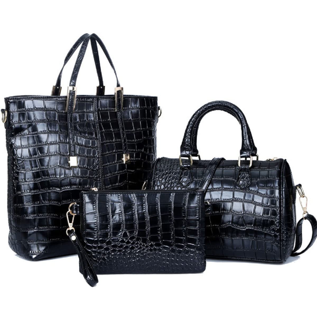 XingChen 3-PC Women PU Handbag+Shoulder Bag+Clutch Crocodile Pattern Top Handle Fashion Satchel Tote Purse Black