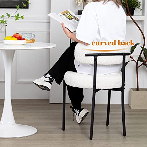 DYHOME White Dining Chairs Set of 2, Mid-Century Modern Dining Chairs, Kitchen Dining Room Chairs, Curved Backrest Round Upholstered Boucle Dining Chair with Black Metal Legs