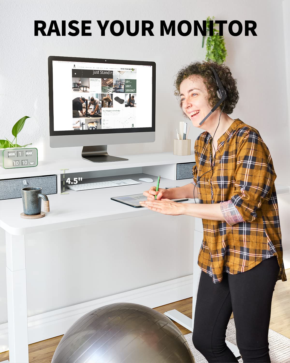 BANTI 55''x24''Standing Desk with Drawers, Adjustable Height Stand Up Desk with Storage Shelf, Sit Stand Home Office Desk with Splice Board, White Frame/Light Rustic Brown Top