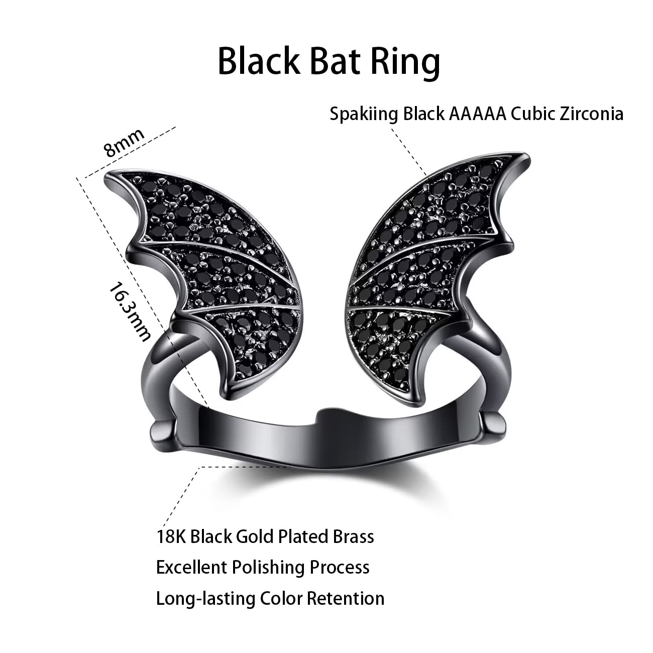 Black Bat Ring Gothic Black Stone Rings for Women Goth Adjustable Halloween Black Gold Jewelry Gifts (Black)