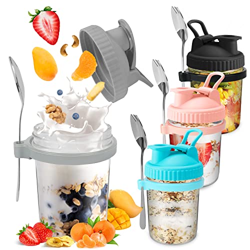DNANAOL Overnight Oats Containers with Lids - 16 oz Overnight Oats Jars Set of 4, Reusable Yogurt Mason Jars with Lids & Spoons, Large Capacity Airtight Jars for Milk, Cereal, Fruit To Go Containers