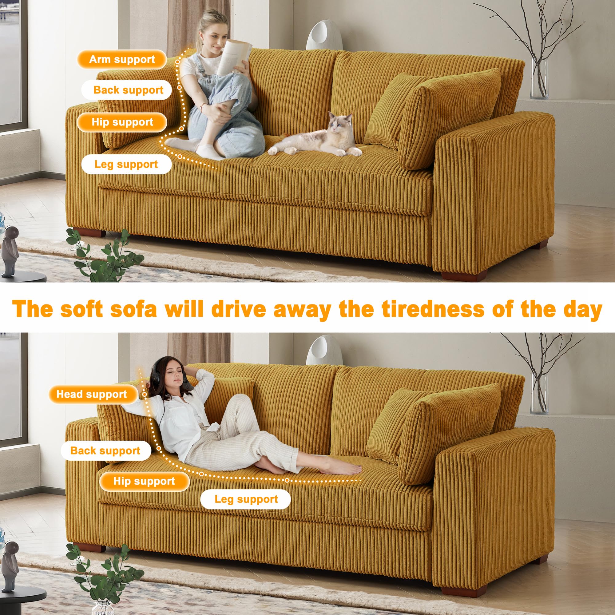 Chorlenimi Modern Upholstered Sofa, Soft Corduroy Fabric 3 Seater Small Couch with Armrest, 4 Pillows, Removable Back and Seat Cushions for Living Room and Bedroom (Yellow)