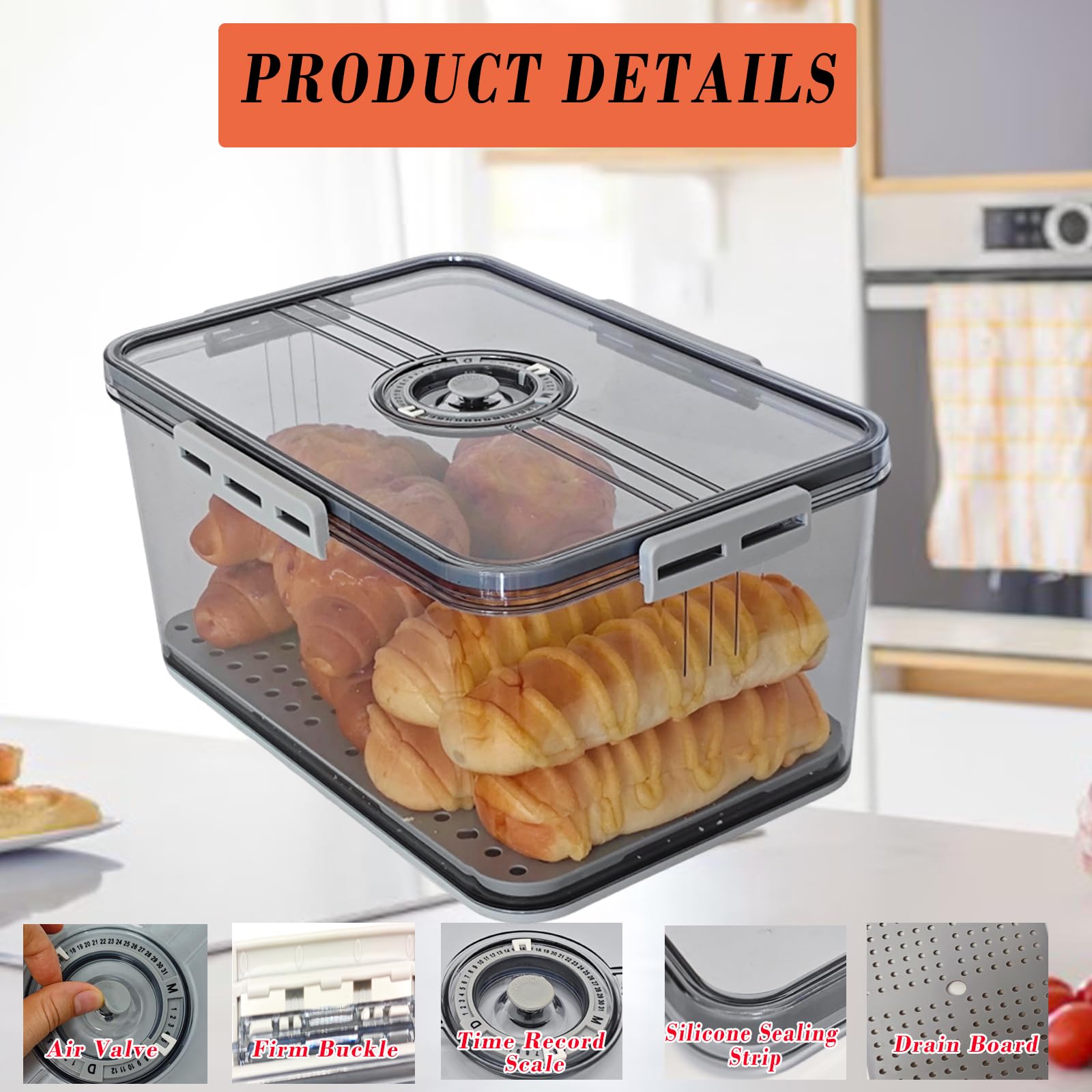 Bread Box with Lid for Kitchen Counter, 10L Airtight Loaf Bread Storage Container,Time Recording Bread Keeper for Homemade Bread, Toast, Bagel, Donut and Cookies (Grey)