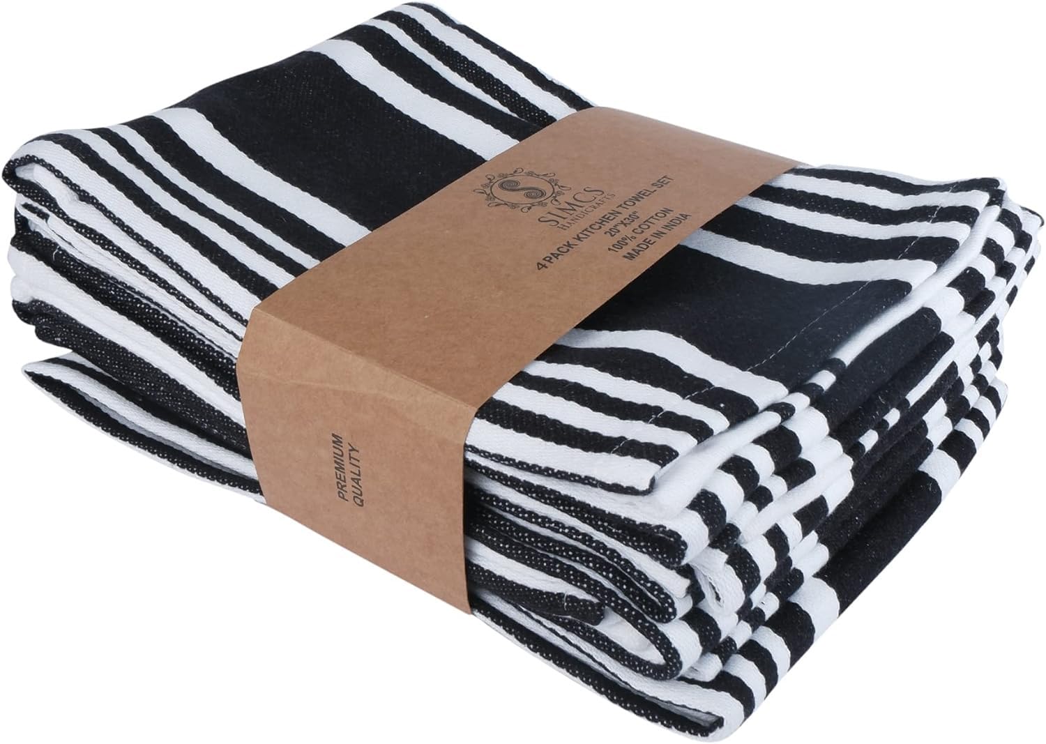 Black White Set of 4 Kitchen Dish Towels 20X30 Inch Extra Large Size Highly Absorbent 100% Cotton Hand Towel with Mitered Corners Modern Stripes For Bar & Tea And Household Use With Hanging Loop