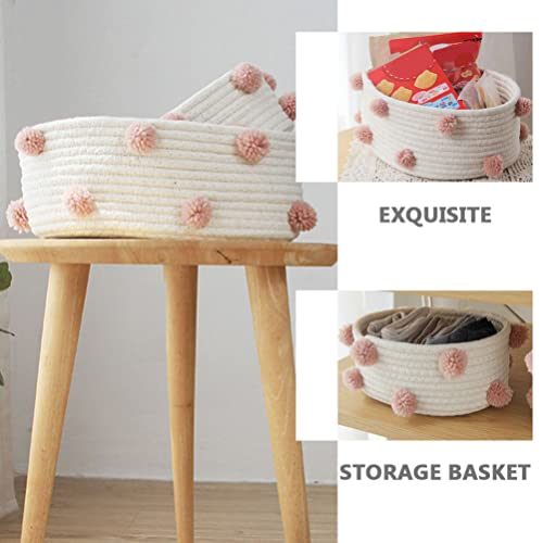 Cotton Rope Basket Storage Bin: Cotton Storage Baskets Woven Blanket Baskets with Pompom Round Storage Organizer for Dirty Clothes Pet Kids Small Items Storage 20X15CM
