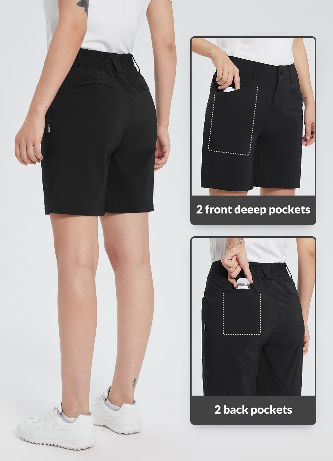 BALEAF Women's Golf Shorts Stretch 7" Hiking Summer Shorts Quick Dry Bermuda Shorts with Pockets Black L