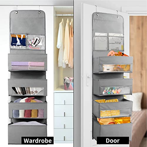 FGSAEOR 5-Shelf Over The Door Hanging Organizer, Closet Organizers and Wall Mount Storage with Clear PVC Window Pocket & 2 Hooks for Nursery Closet Storage, Pantry, Bedroom, Baby Diapers (1Pack-Grey)