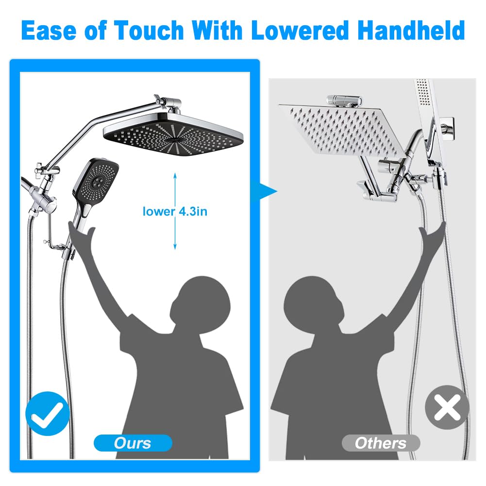 CyberWater 12 Inch Shower Head with Handheld Spray Chrome Built-in Power Wash Mode 3-way Diverter with Pause Setting, Adjustable Extension Shower Arm, 71 Inches Stainless Steel Hose
